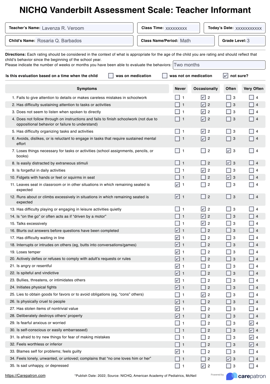 Vanderbilt Adhd Scale Teacher